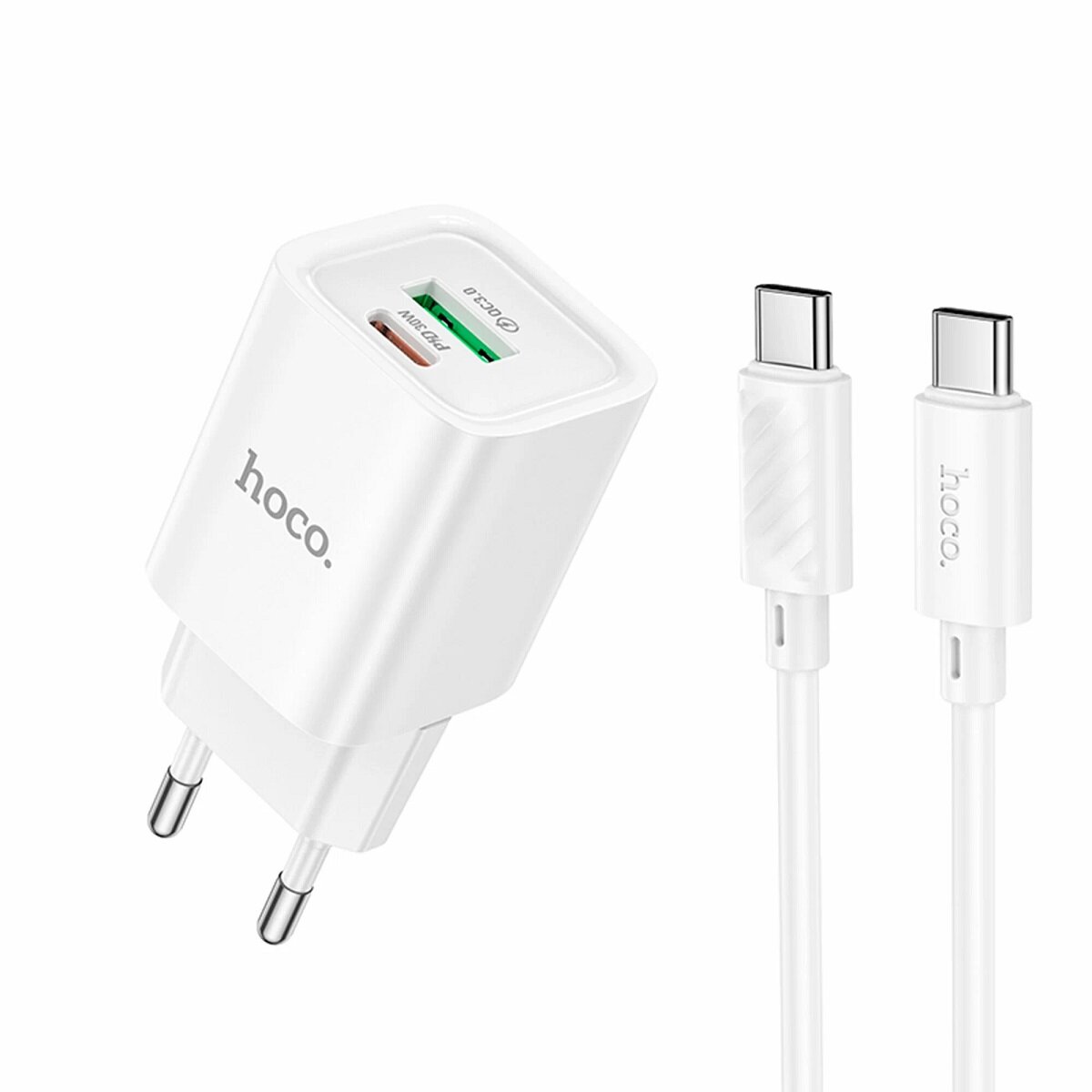Сетевое зарядное устройство для быстрой зарядки HOCO C149A Charm 30W, USB3.0/Type-C, кабель Type-C to Type-C, белый