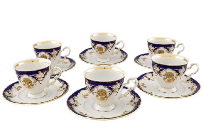 Набор кофейных пар 150 мл на 6 персон 12 предметов, Золотая роза, кобальт, Соната 07160414-1457, Leander