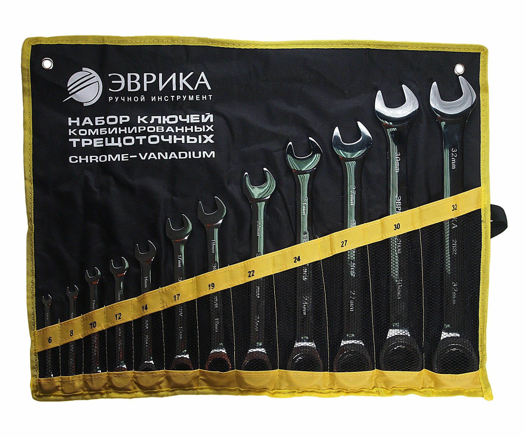 Набор ключей комбинированых ER-20632 трещоточных 12 предметов 6,8,10,12,14,17,19,22,24,27,30,32мм (сумка) эврика