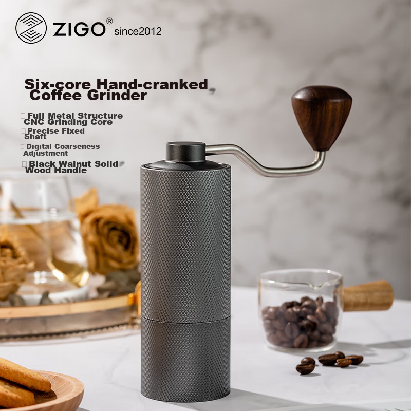Zigo Hand-Crank Coffee Grinder, Portable Home Use, CNC 6-Blade Coffee Bean Grinder [Valentine's Day], Gray