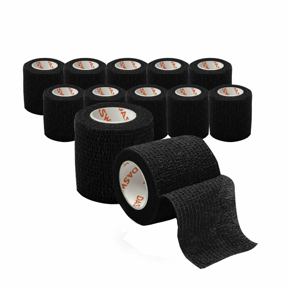 Бинт эластичный бандажный защитный самофиксирующийся, 4,5 м х 5 см, 12 рулонов, черный, DASWERK (дасверк), 680041, 680041