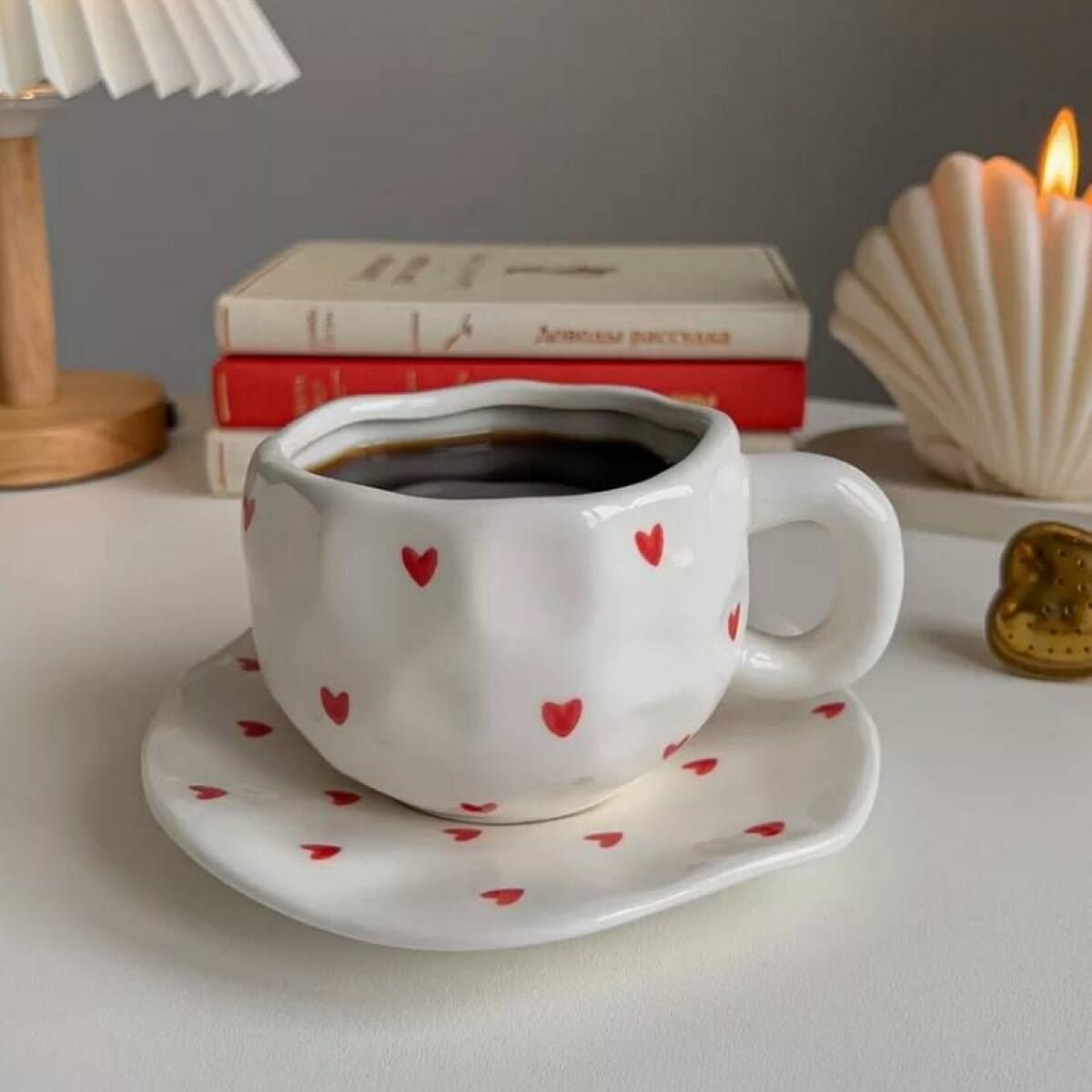 Чайная пара DB HOMME "Сердечки", керамическая, использование в СВЧ, 1 персоны, красная