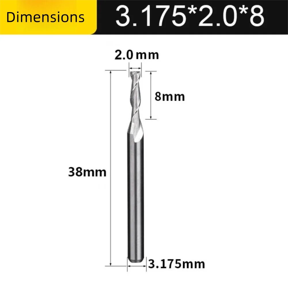 2-зубая концевая фреза по дереву, хвостовик 1/8 дюйма (3,175 мм), 2,0-3,175 мм, твердосплавные спиральные фрезы, режущие HRC45, гравировальные инструменты, плотная доска 2x8x3.175x38L