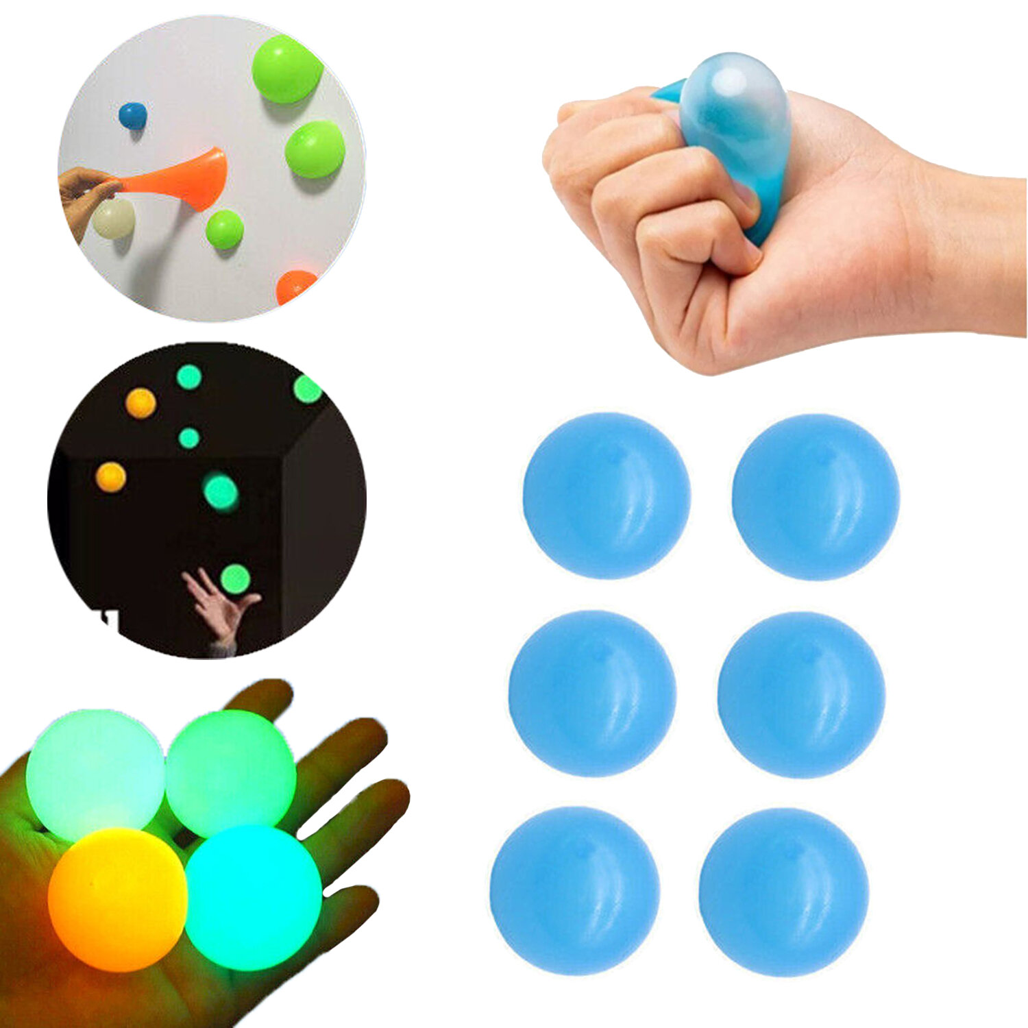 6 шт. Мечтательный мяч, мечтательные мячи светятся в темноте и прилипают, мечтательный мяч возвращается, прилипают к потолку и отскакивают обратно к вам, мяч для давления потолочного крикета, светящиеся липкие мячики для стен, веселые игрушки для снятия