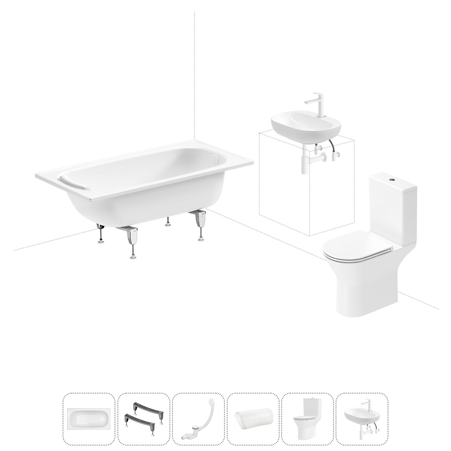 Стальная ванна 140х70 Sanitana BLB Europa 20220618R в наборе 6 в 1: металлическая ванна 140 х 70 см, ножки, слив-перелив, подголовник, унитаз, раковина с комплектом для подключения