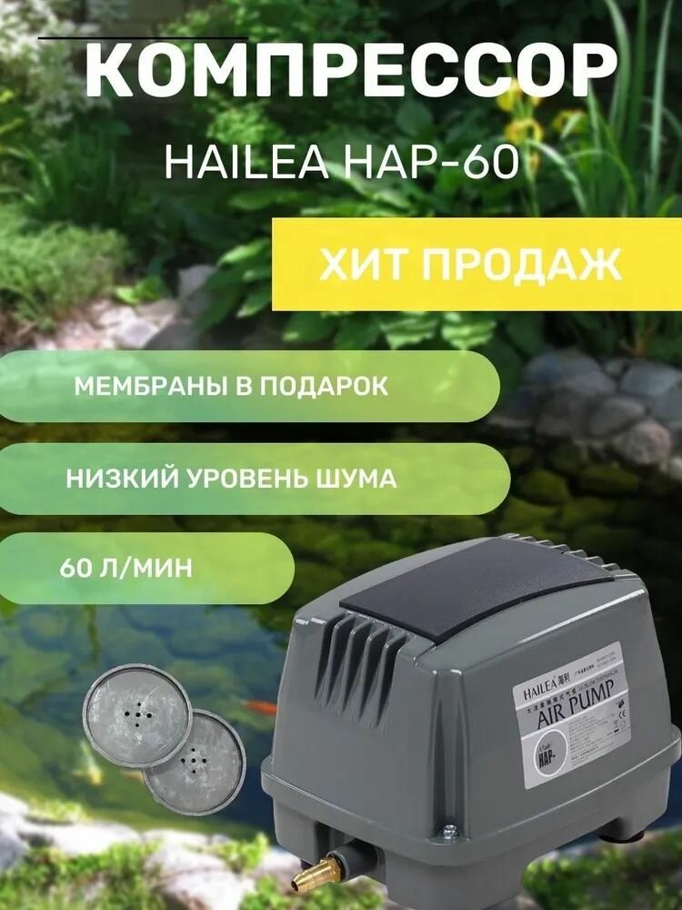 Компрессор воздушный Hailea HAP 60 для аквариума, пруда, септика, коптилен, гидропонный систем, коптилен