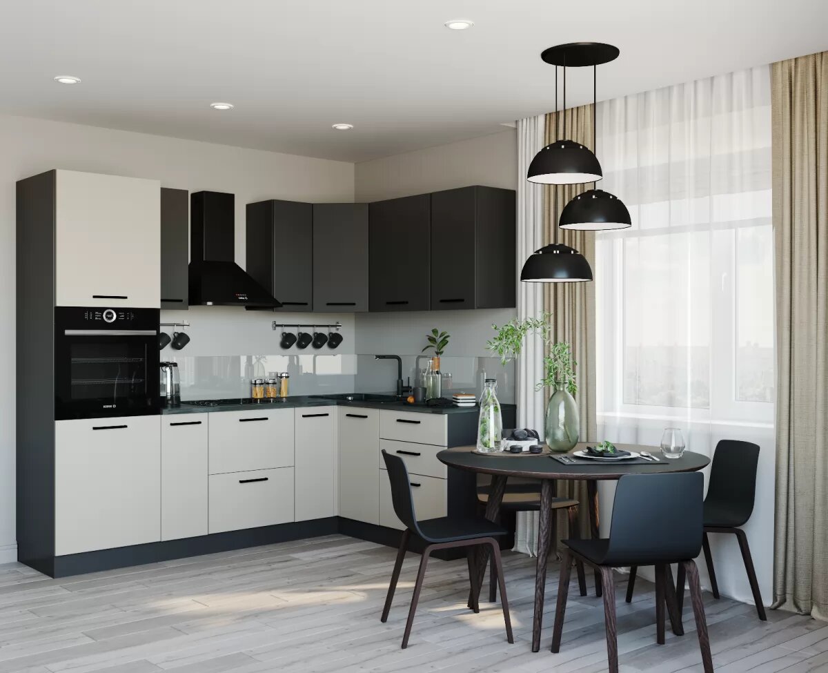 Кухонный гарнитур Sanvut угловой Лофт 2400x1600 столешница 38 мм, каркас ЛДСП, фасад ЛДСП, Антрацит/Жемчуг