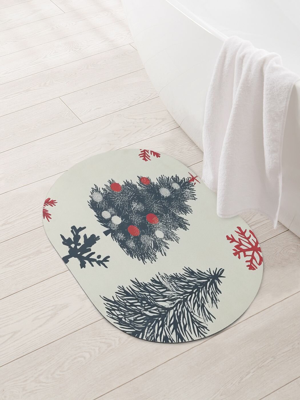 Коврик для ванной и туалета овальный противоскользящий "Ёлки и снежинки" 58x38 см, JoyArty, серия Новый год и Рождество