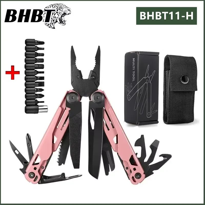 BHBT Многофункциональный инструмент 19 в 1, складные плоскогубцы, ножницы, кемпинг, выживание, EDC, домашний ремонт, многофункциональные инструменты, Pink with bits