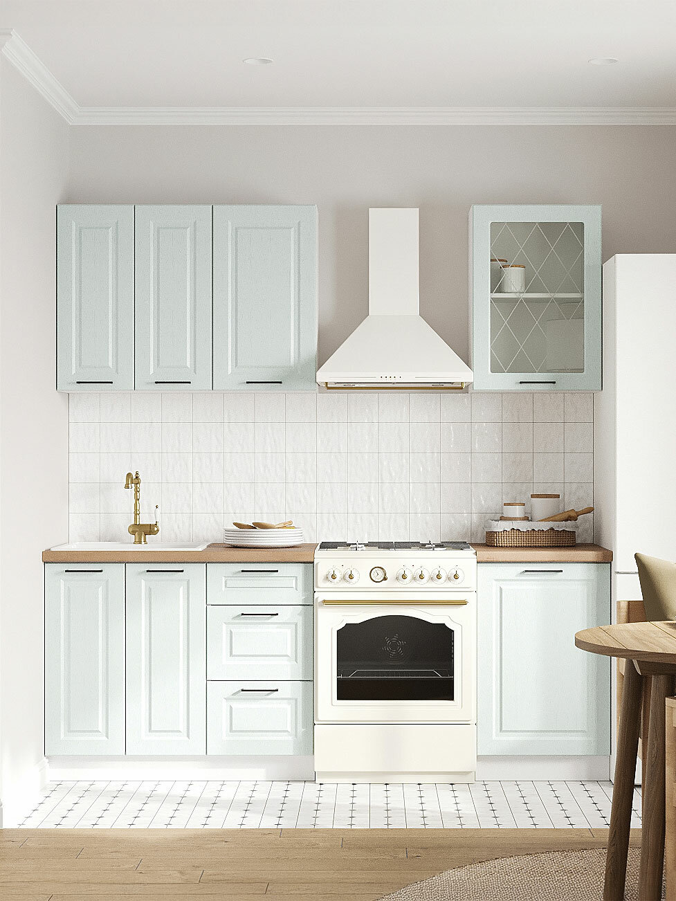 Кухонный гарнитур Шервуд 1.5 м, мебель для дома и кухни, Белый / Деним голубой со стеклом