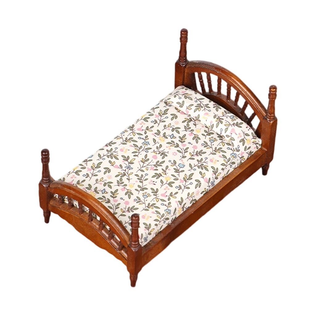 Аутентичная дубовая кровать для кукольного дома 1:12 с цветочным узором