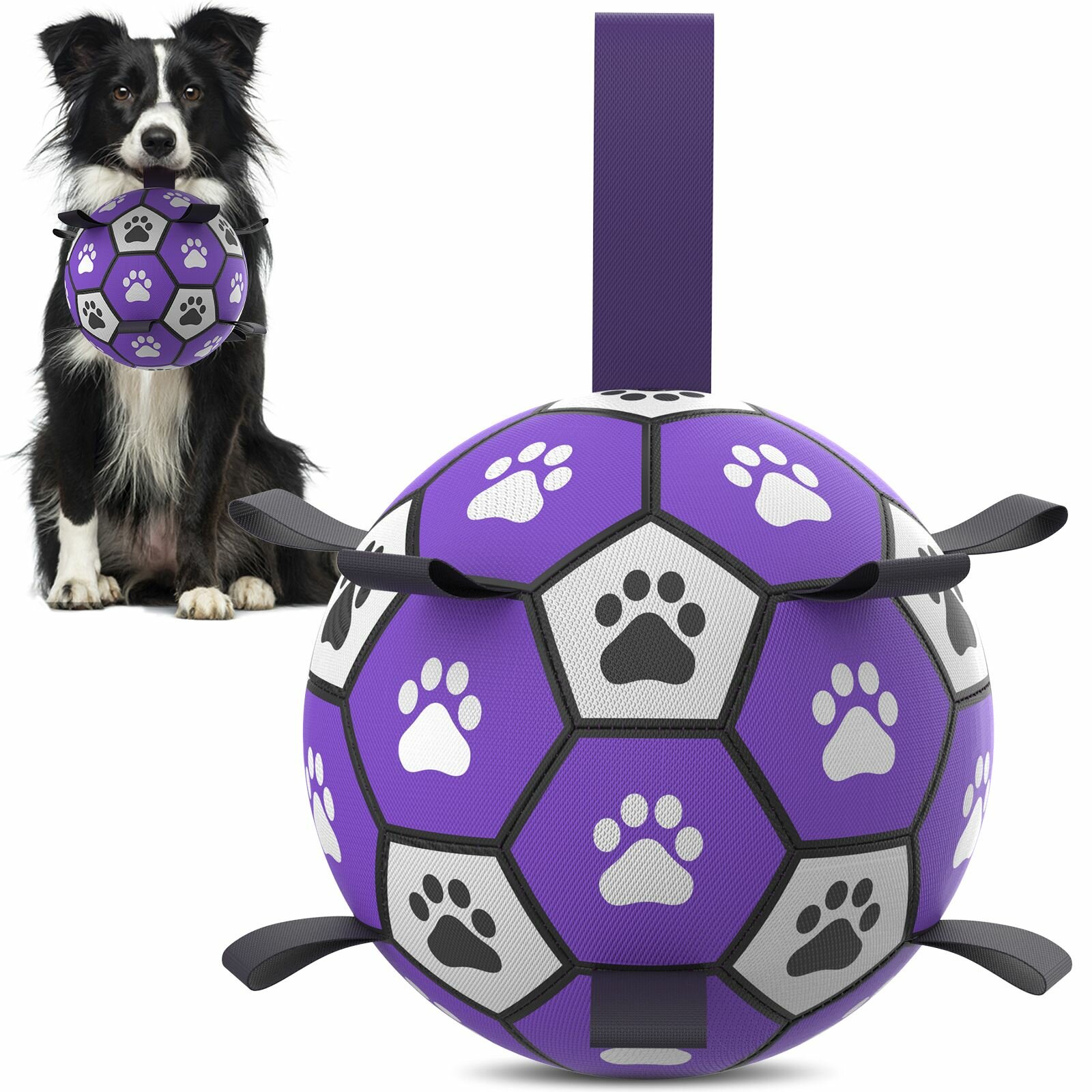 Qdan Игрушечный футбольный мяч для собак с 9 лентами и ручным надувным устройством - Фиолетовый и черный