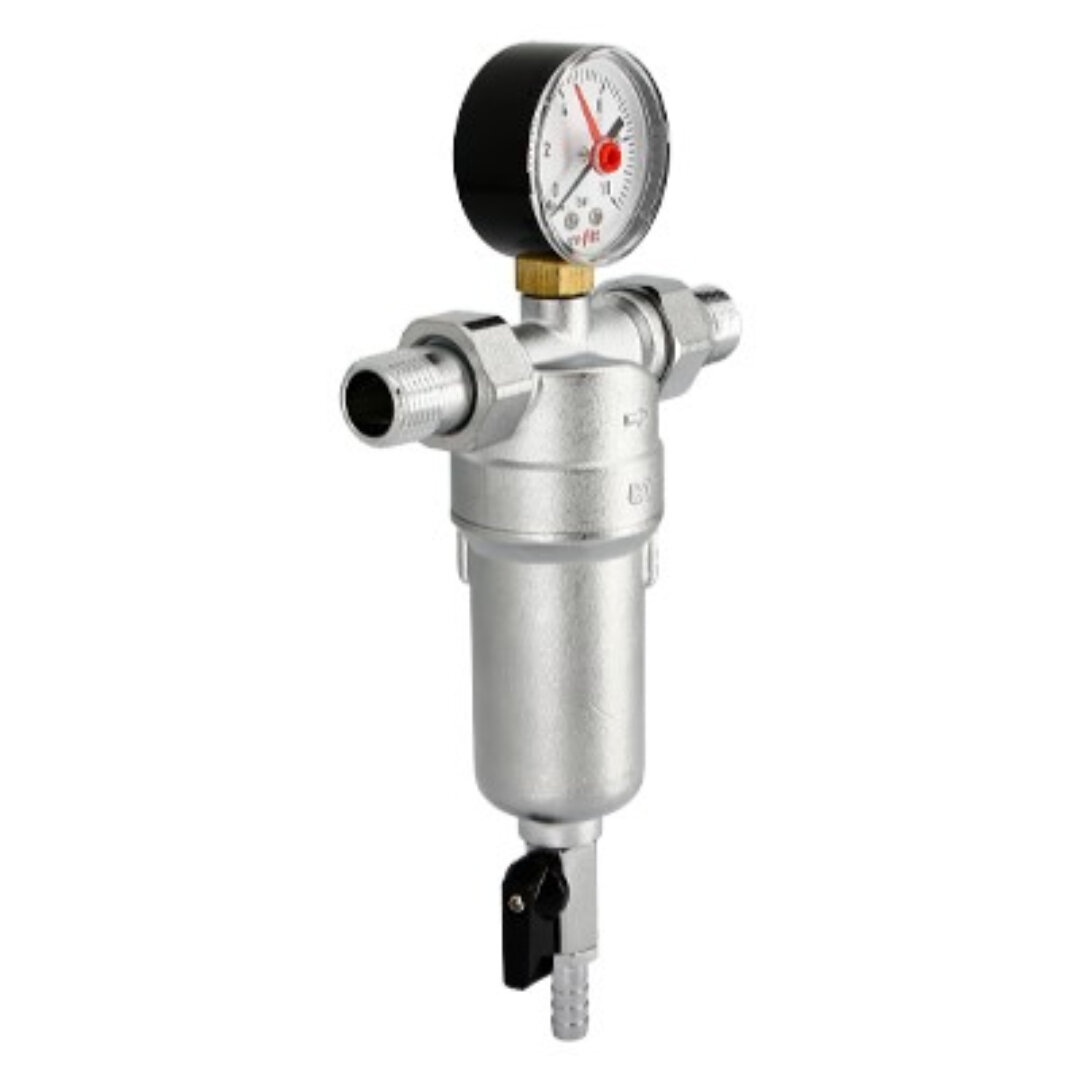 Фильтр магистральный промывной UNI-FITT 1/2" х 3/4" с редуктором, слив. шаровым краном и манометром