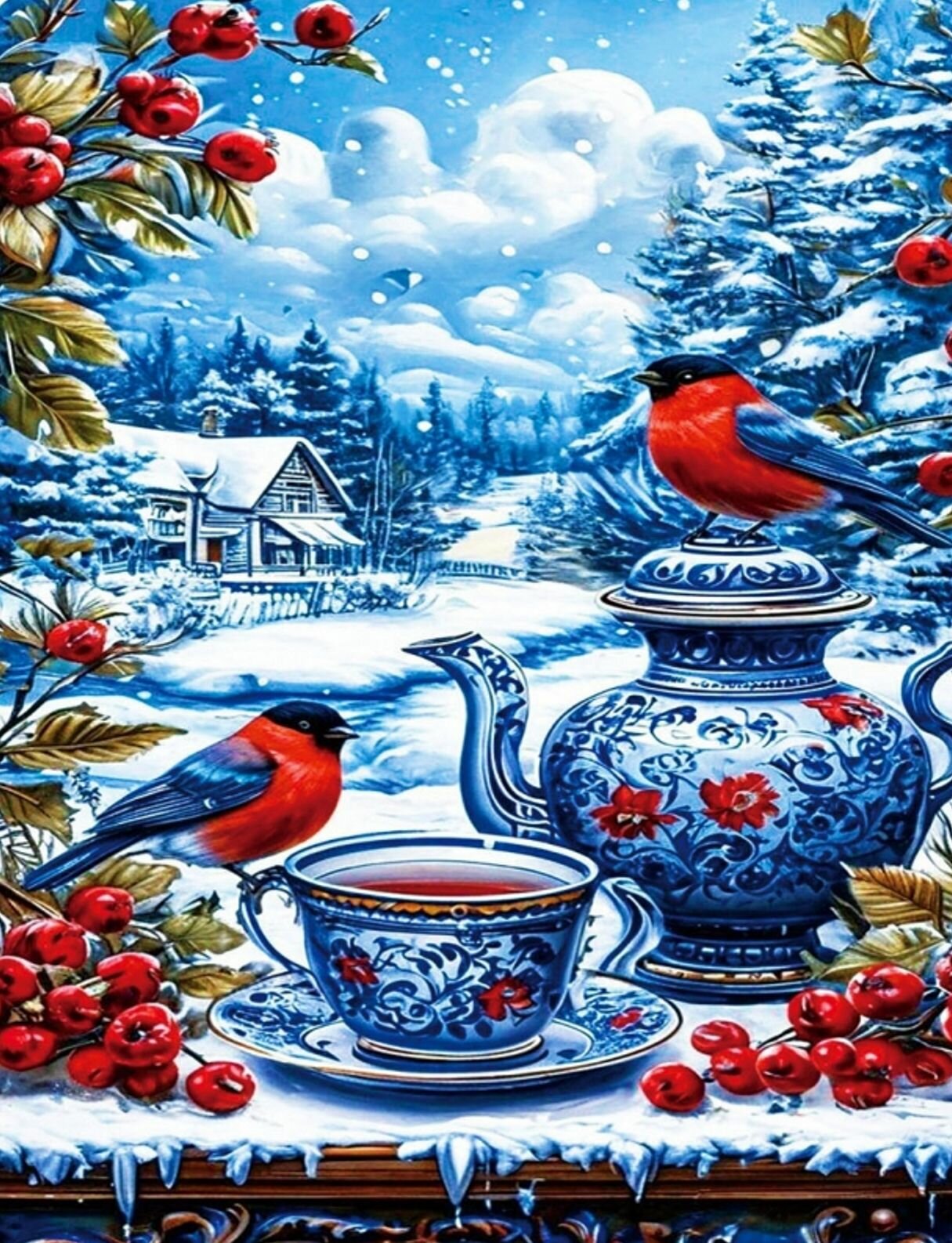 Алмазная мозаика на подрамнике 40*50 "Чай и снегири"