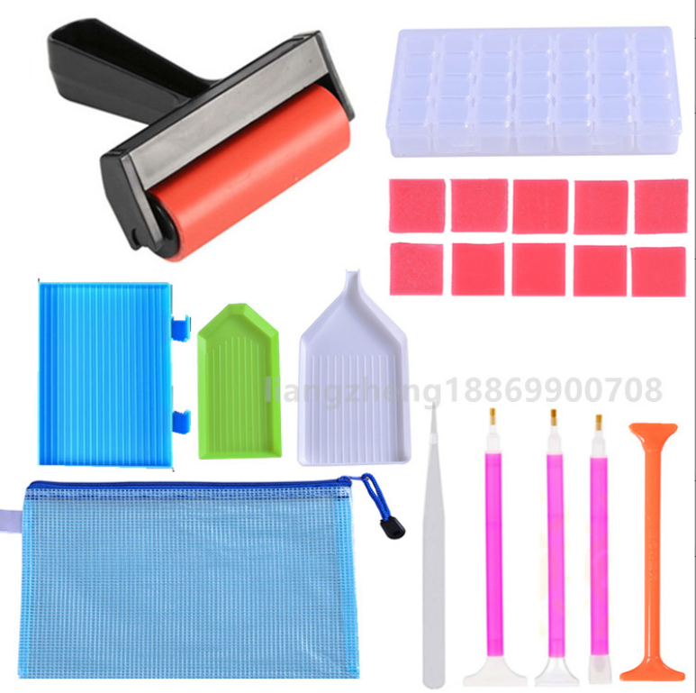 21шт Набор Инструментов для 5D Рисунка Бриллиантами: Пенал Дрель, Роллер, Поднос, Клей, Аксессуары для DIY Вышивки, 28-ячейковый Ящик, Пинцет, Пластинки Зеленые Синие Белые