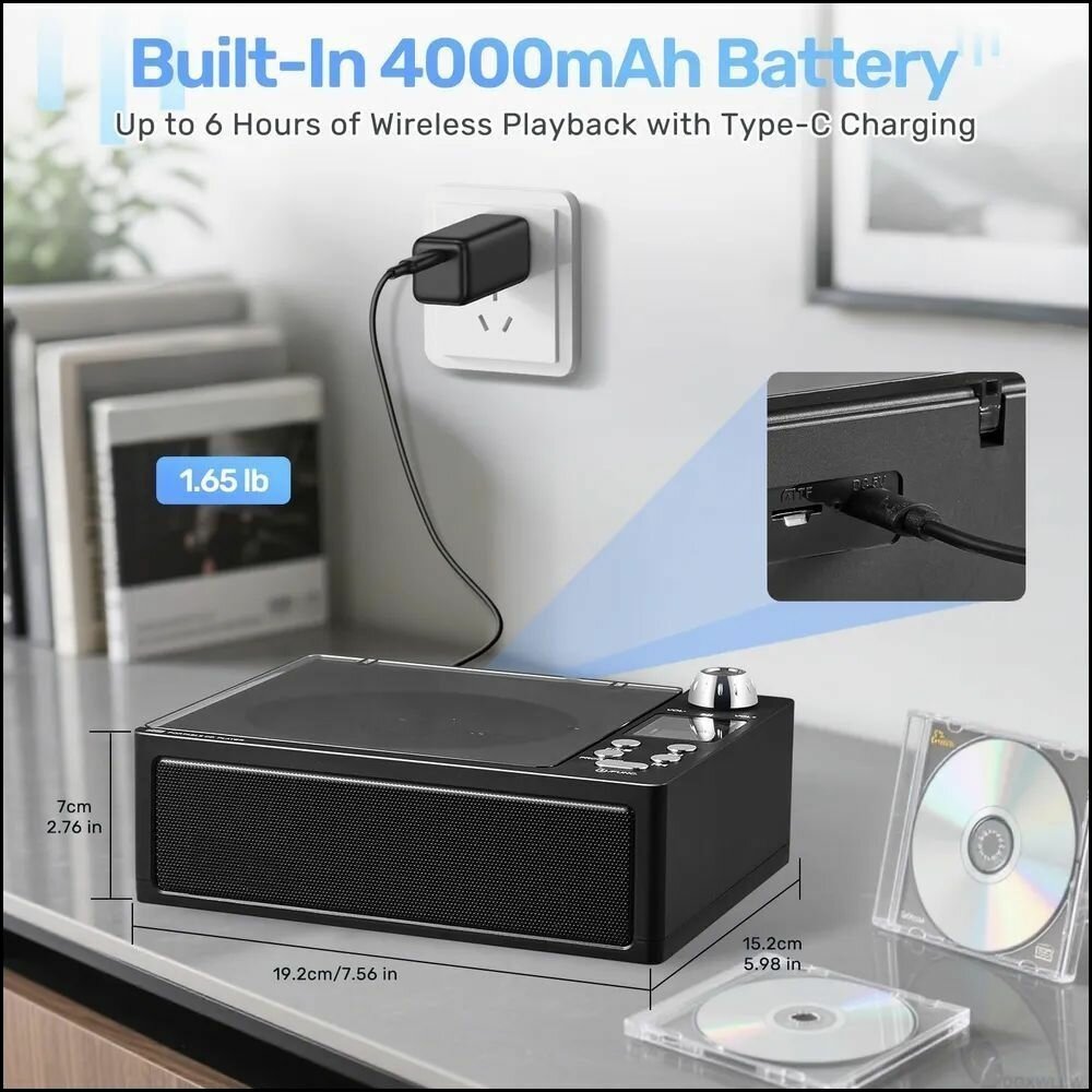 Портативный CD-плеер с Bluetooth, аккумуляторный CD-плеер с динамиками, FM-радио, дистанционное управление, поддерживает USB, TF, AUX.