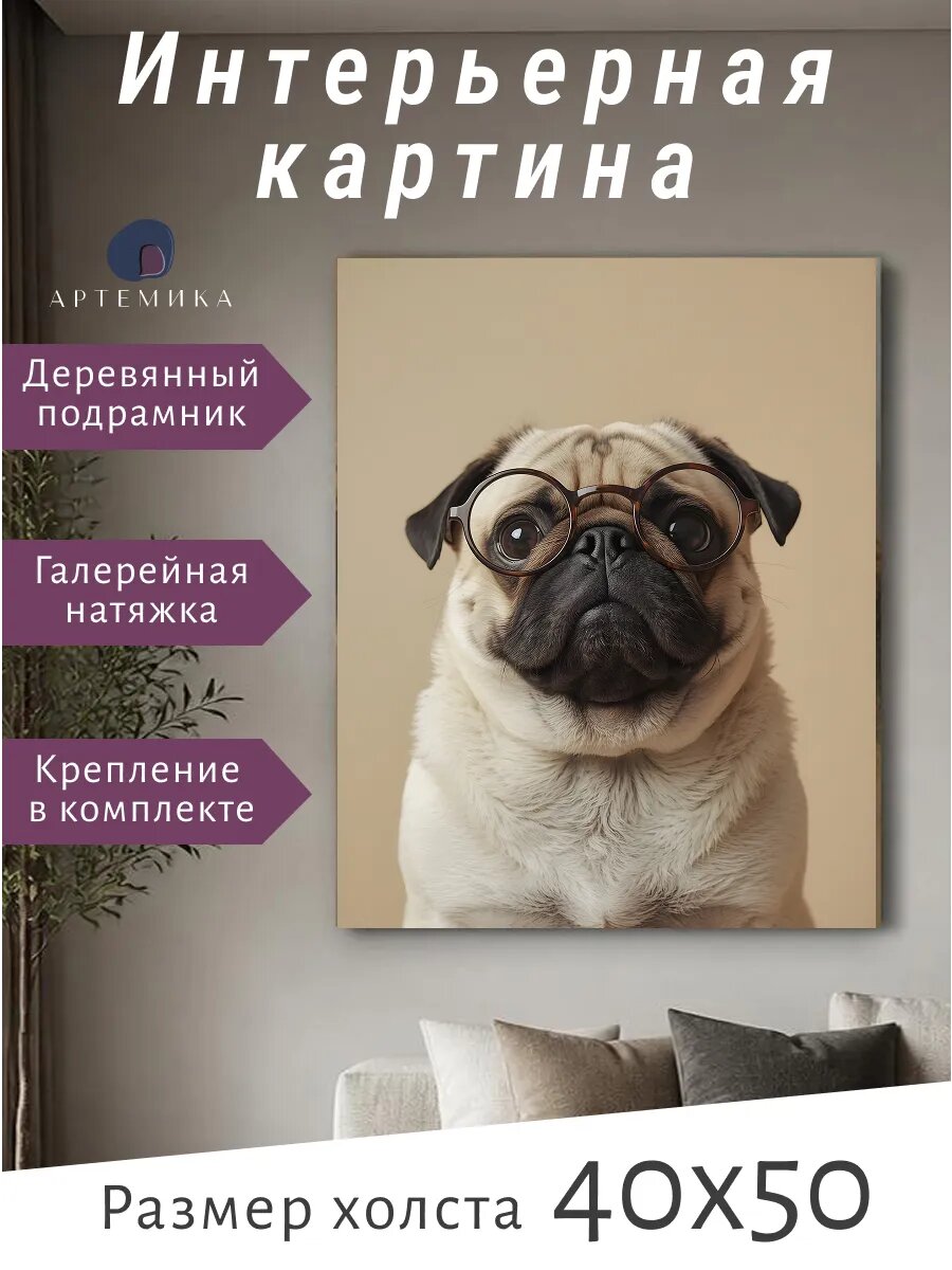 Картина интерьерная 40 × 50см Мопс в очках