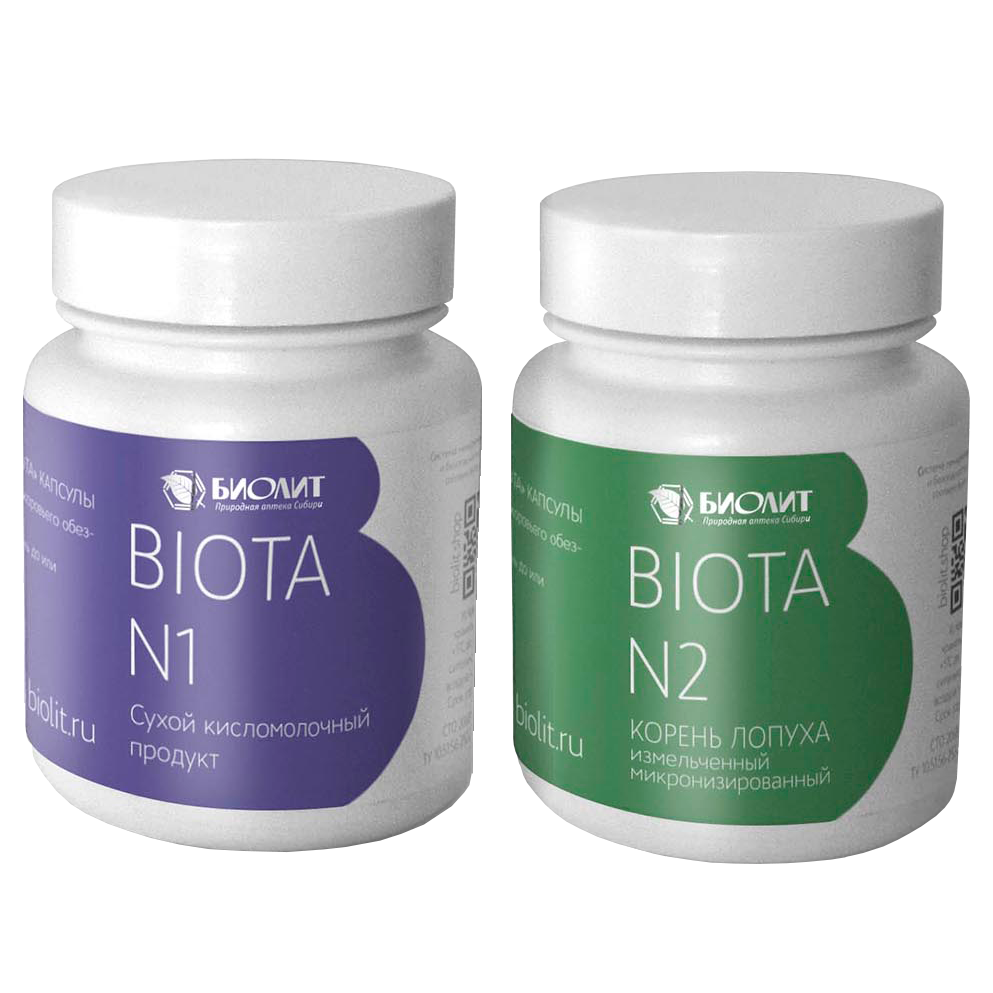 Биота № 1 и № 2 Биолит, для нормализации микрофлоры ЖКТ, 100 капсул
