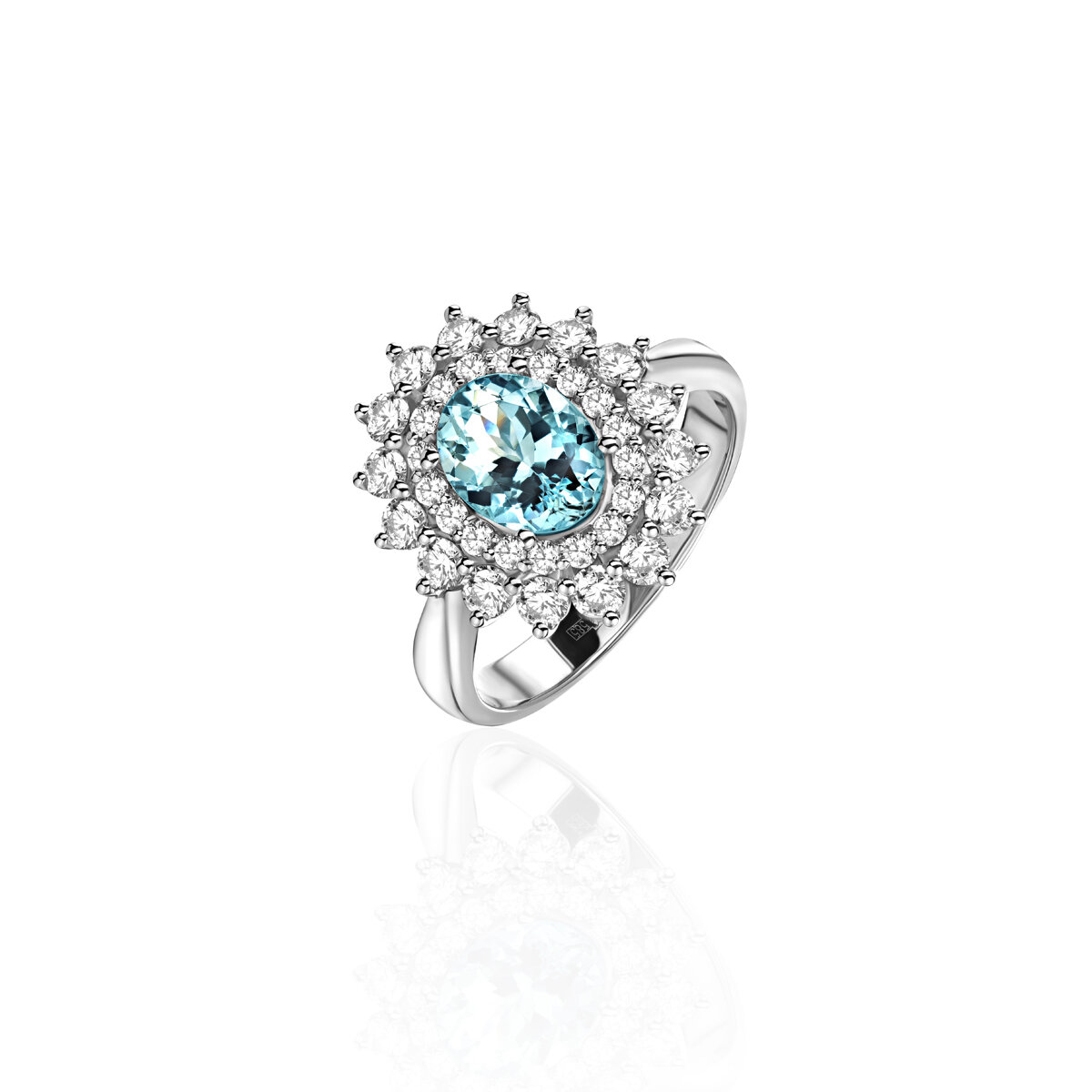 Кольцо, белое золото, 585 проба, аквамарин, бриллиант