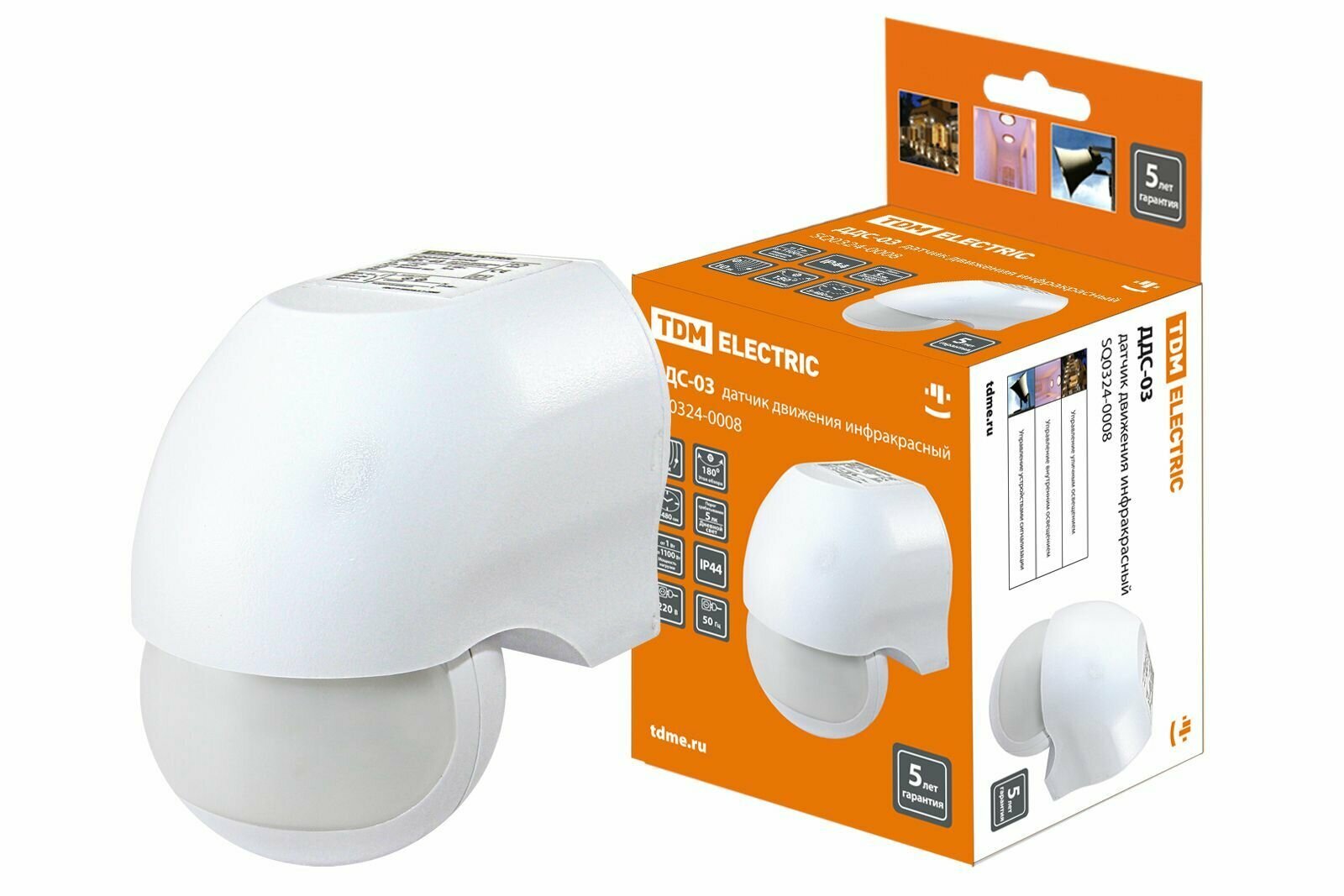 Датчик движения до1100Вт, 5-480с, 10м, 5+Лк, 180гр, IP44, TDM ДДС-03