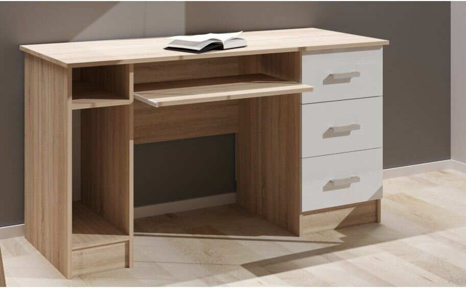 Компьютерный стол ПКС-4, Сонома/Белый глянец, с открытыми полками, ящиками, для гостиной, спальни, 1384х760х570, памир