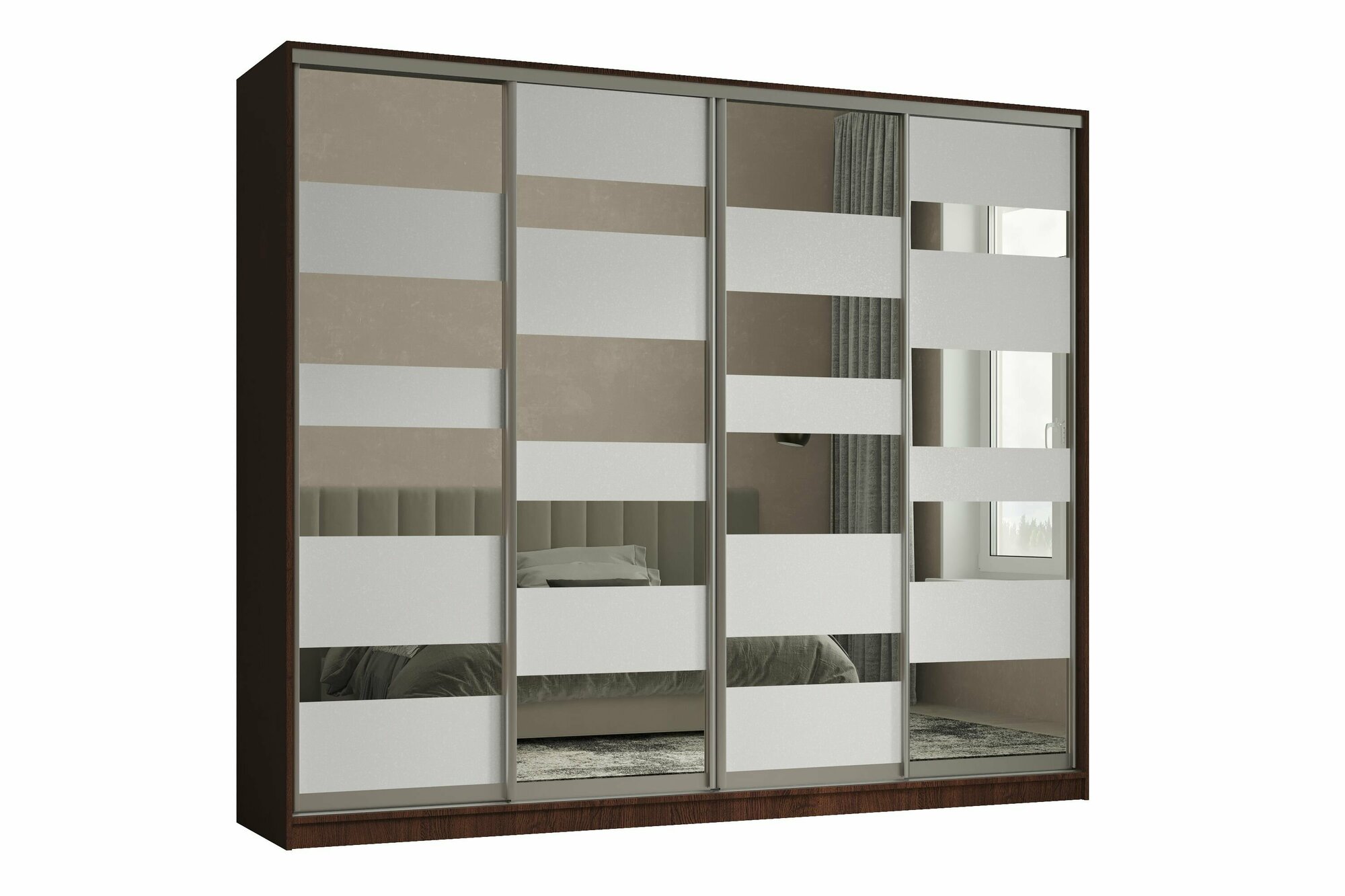 Шкаф купе, для одежды Дарден 4, Легкомаркет, с зеркалом серебро и пескоструйным рисунком, 250х60х220, белье/платье/платье, венге, профиль серебро