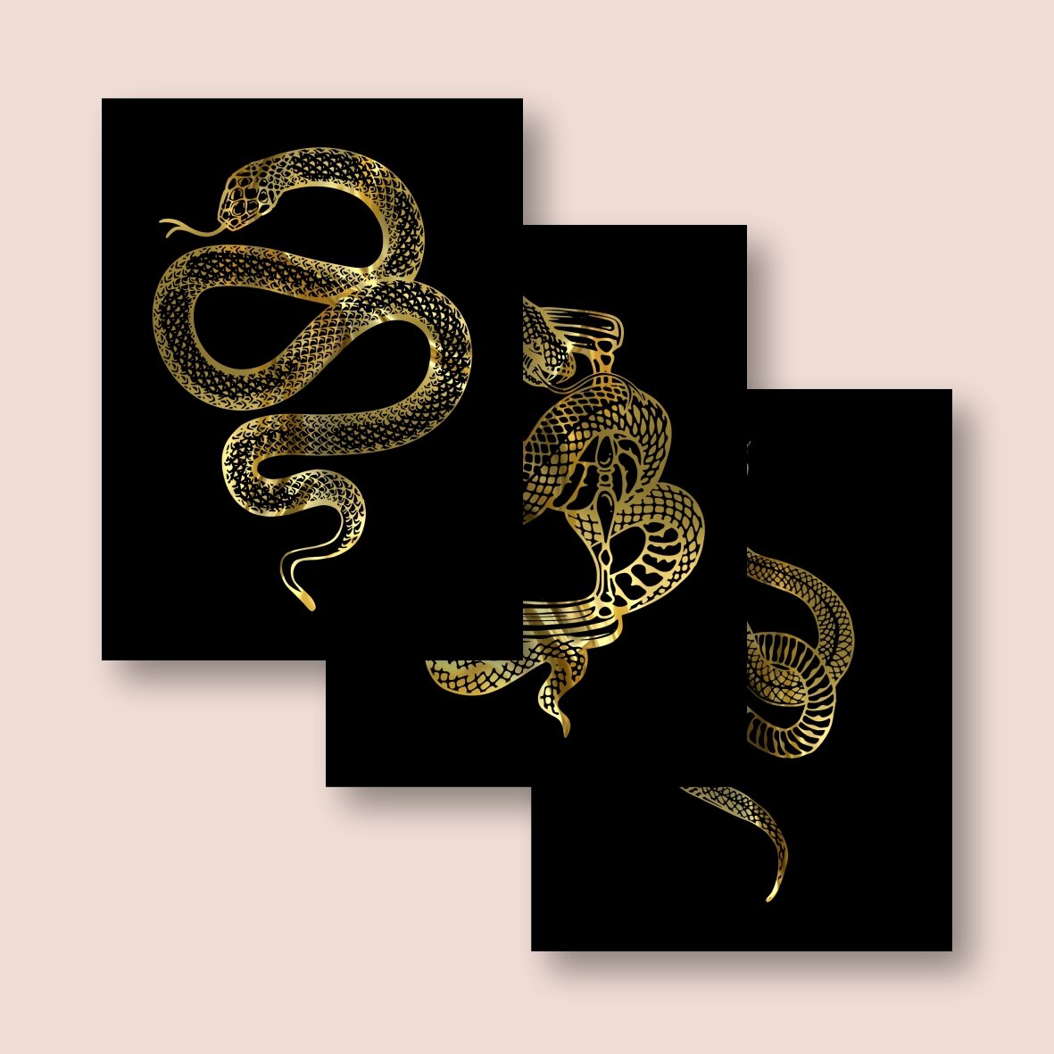 Постеры интерьерные золотые (3 штуки, 30х40 см). Картины /декор для дома / интерьерный коллаж. Змеи