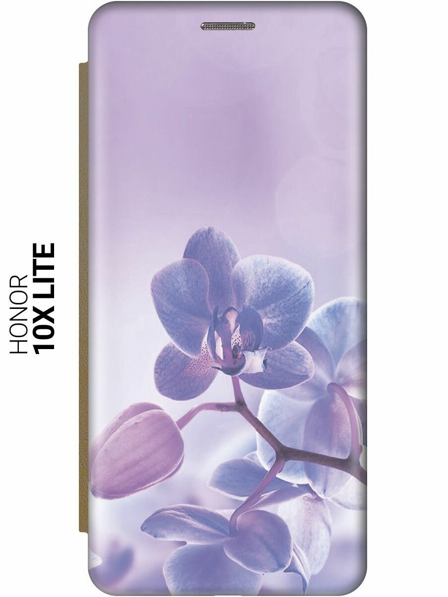 Чехол-книжка на Honor 10x Lite, Хонор 10Х Лайт с 3D принтом "Лиловые орхидеи" золотой