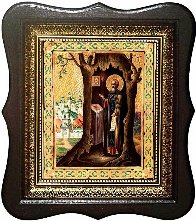 Тихон Медынский, Калужский преподобный. Икона на холсте. (17 х 21 см / В деревянном киоте под стеклом).