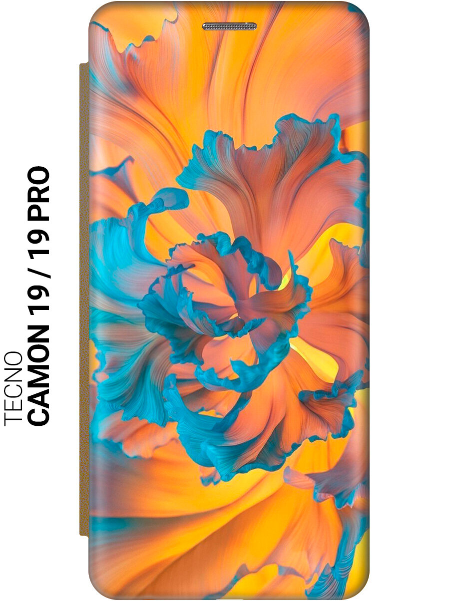 Чехол-книжка на Tecno Camon 19 / 19 Pro / Техно Камон 19 / 19 Про с рисунком "Желто-голубой цветок" золотой