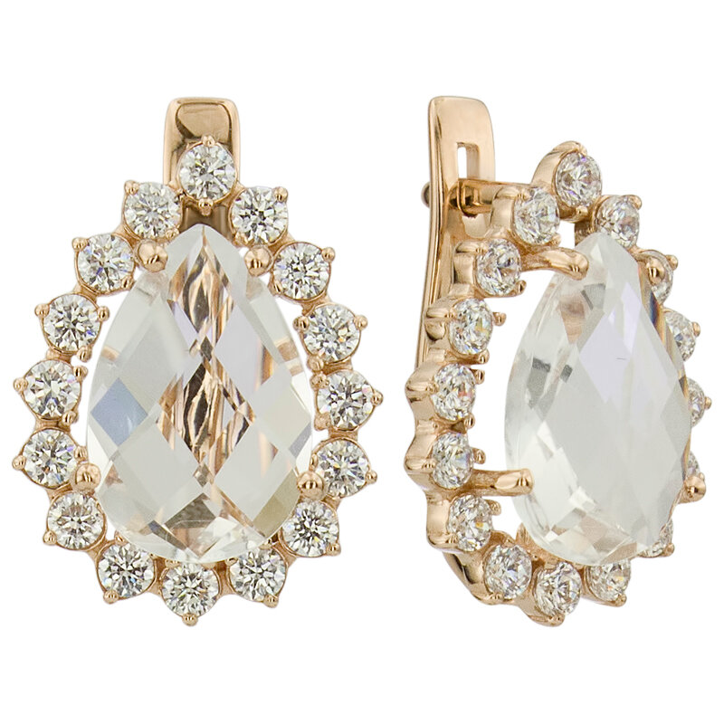 Серьги, красное золото, 585 проба, горный хрусталь