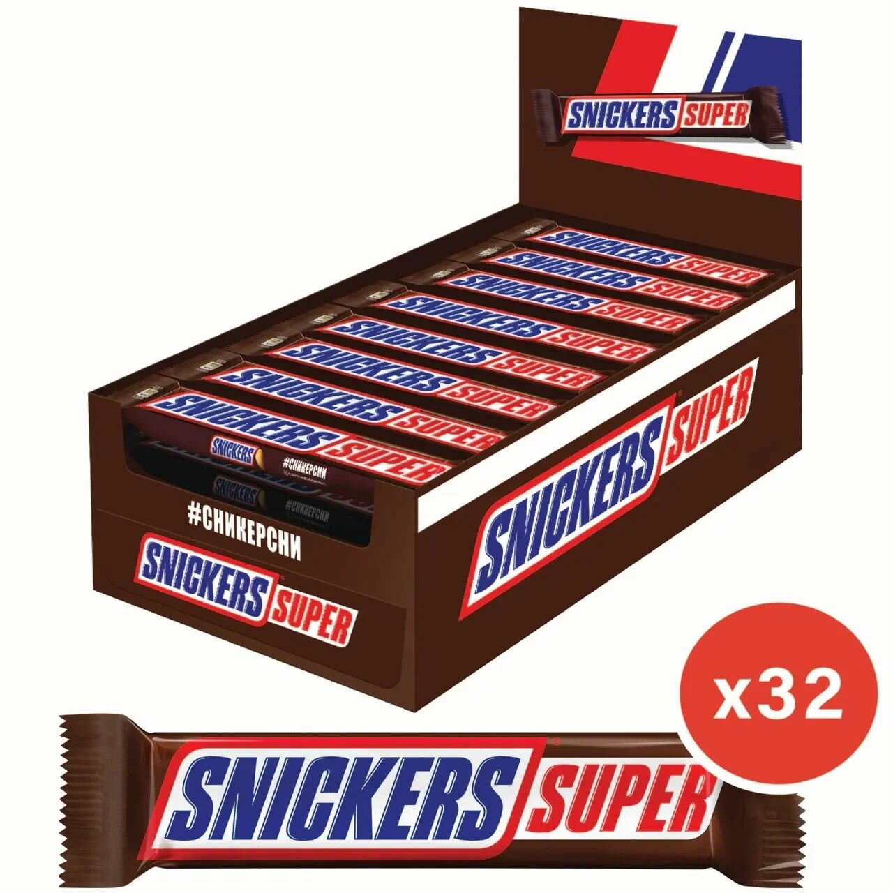 Батончик Snickers Super с карамелью, арахисом и нугой, 80 г, 32 шт.