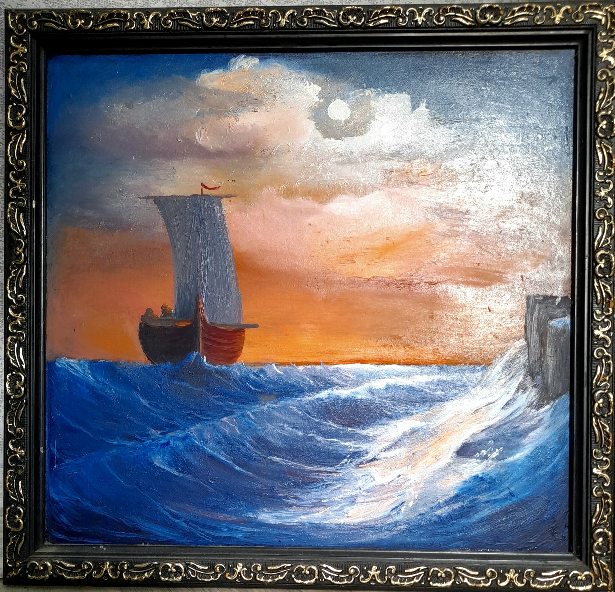 Вечерний прибой, морской пейзаж, парусник, волны, морской прибой, картина маслом, картина , дерево, рама.