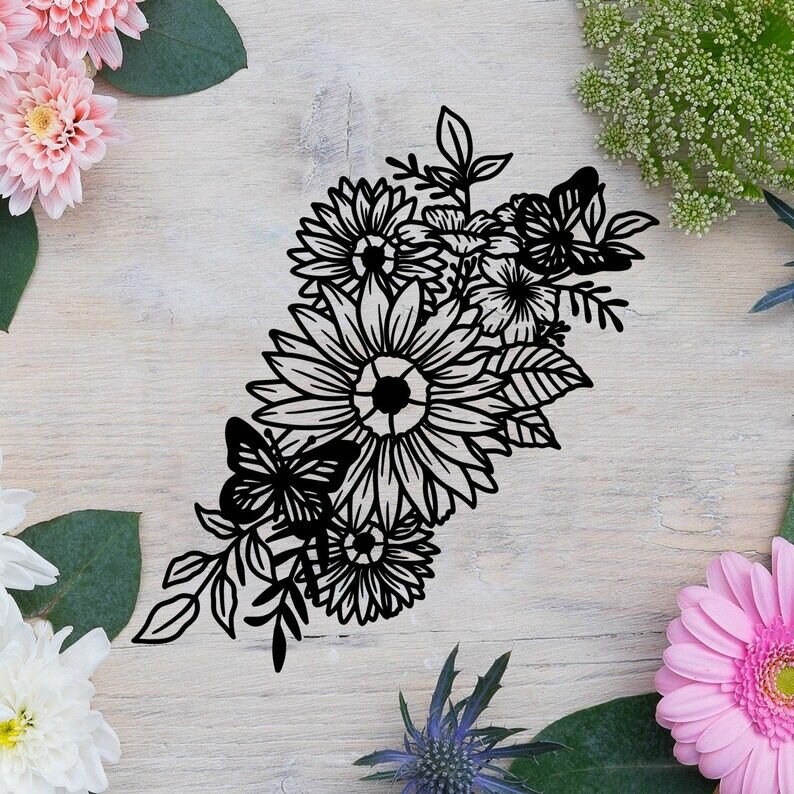 Декоративное панно деревянное, Букет из подсолнухов (черный цвет)