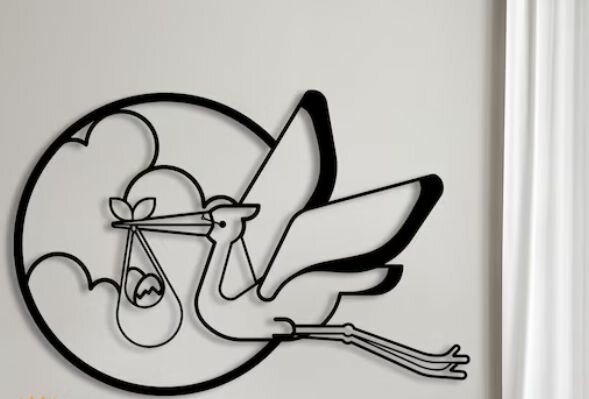 Декоративное металлическое панно, Аист приносит малыша (черный цвет)