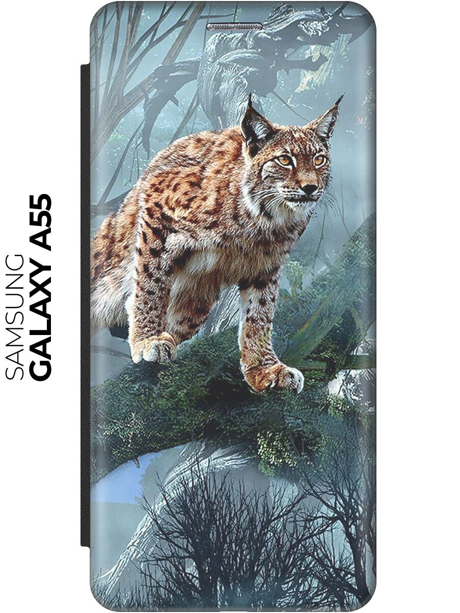 Чехол-книжка на Samsung Galaxy A55 / Самсунг А55 с рисунком "Дикая рысь" черный
