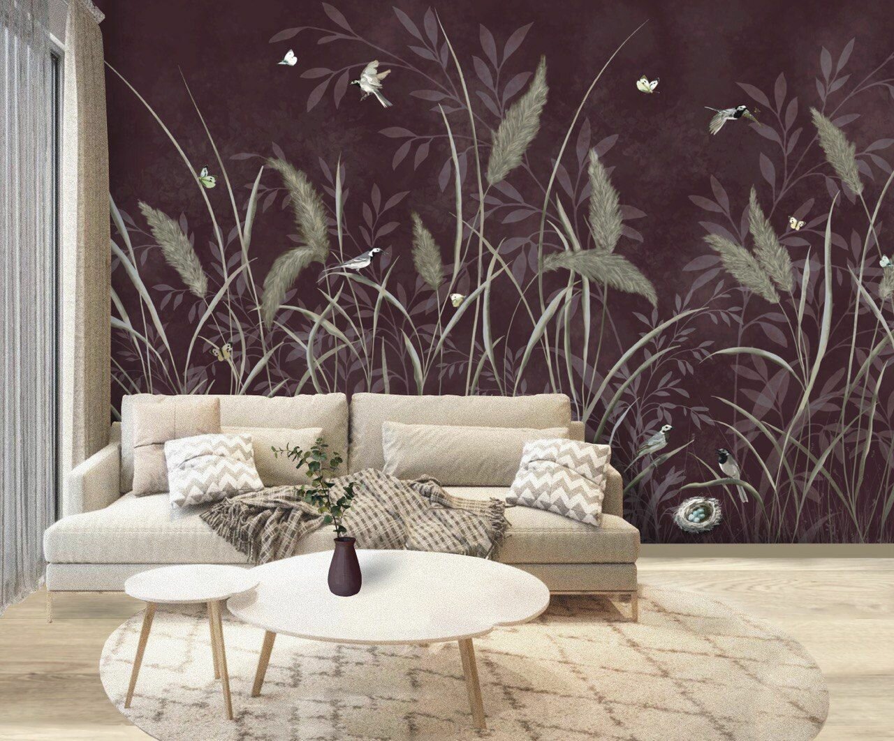 Фреска бесшовная "Трясогузки" бордовый (ширина 2550мм х длина 3000мм)