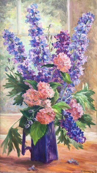 ART-Salon at Oktyabrskaya картина "Дельфиниумы и гортензии", 70х40 см; холст, масло; авторская работа