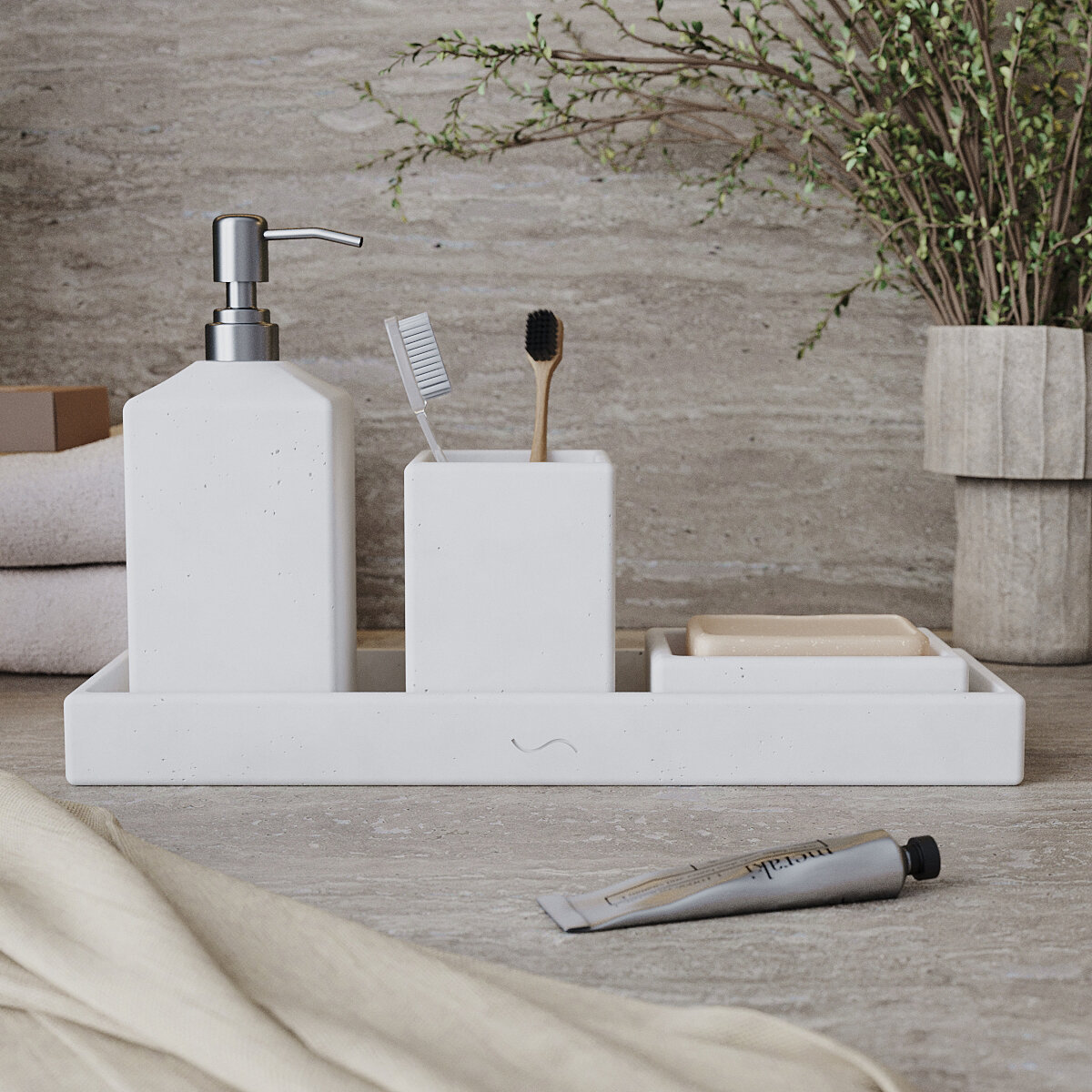 Набор для ванной комнаты Emily 09 (поднос M, стакан для щёток, дозатор для мыла (s), мыльница), бетон, белый матовый