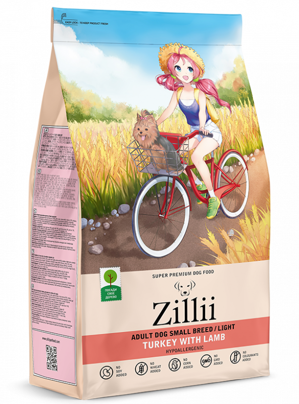 Сухой корм Zillii Light small breed для взрослых собак мелких пород, профилактика лишнего веса, с индейкой и ягненком, 2 кг