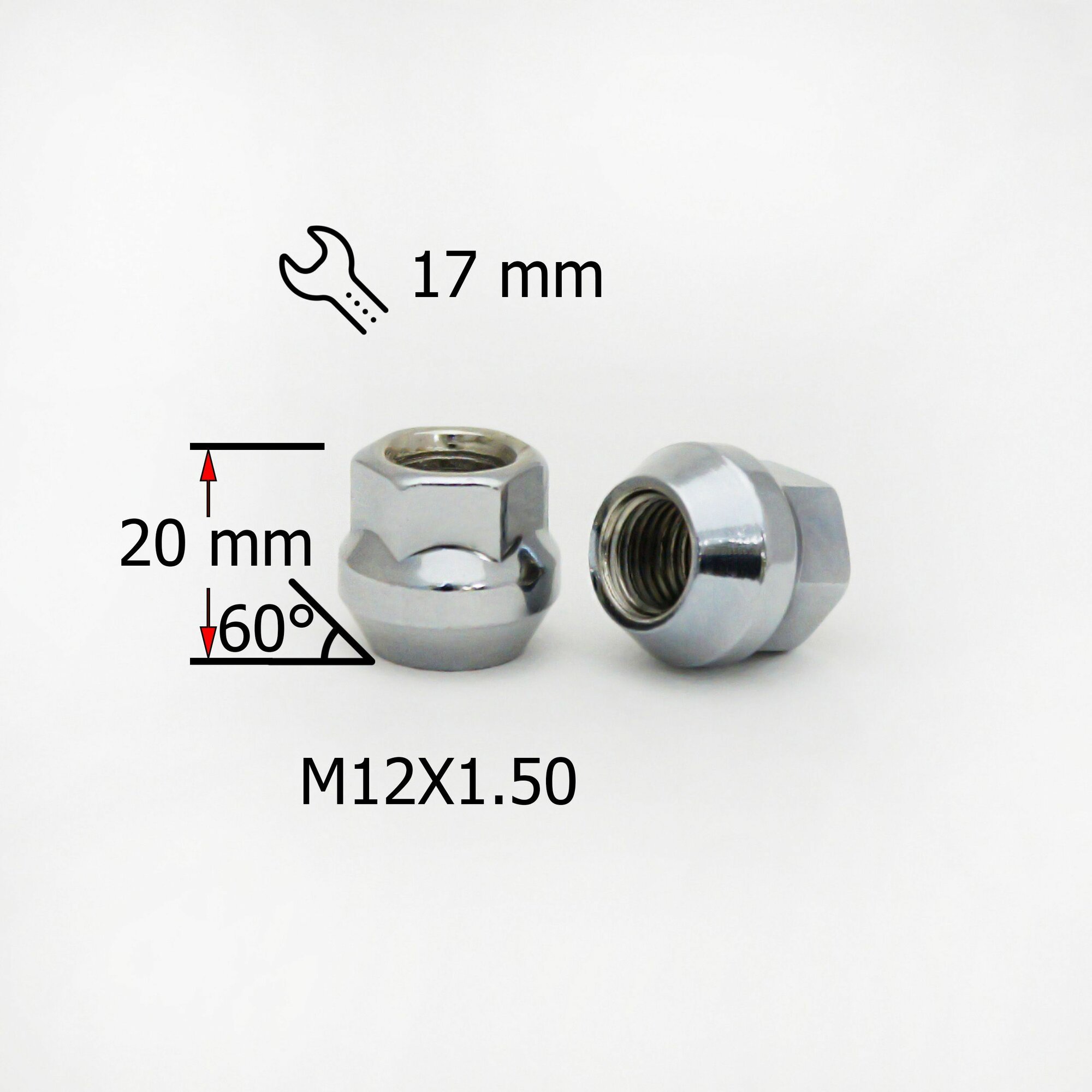 Гайка колесная M12х1,5 Конус, высота 20мм открытая, ключ 17мм, Хром