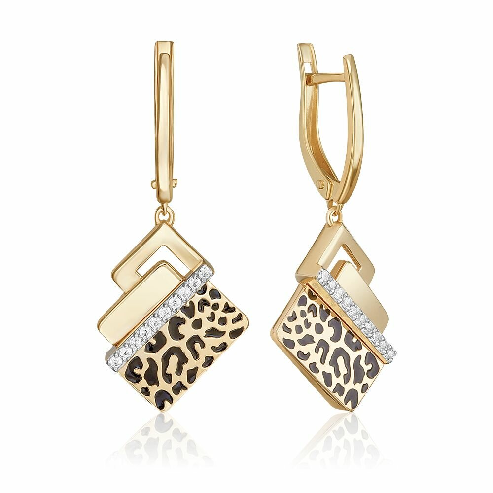 Серьги, желтое золото, 585 проба, эмаль, фианит
