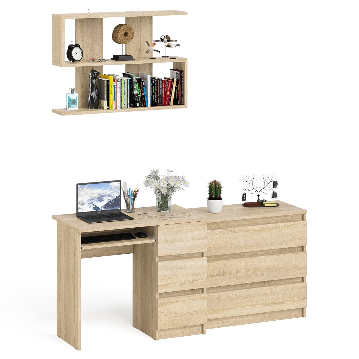 Стол компьютерный СВК Мори МС-6 правый с полкой сверху и комодом на 3 ящика дуб сонома