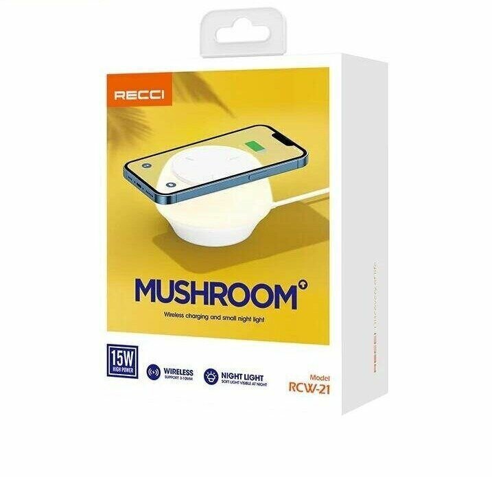 Беспроводная зарядка с ночником Recci Mushroom Wireless Charging Qi 15W + Адаптер EU 18W QC3.0, Белый, RCW-21