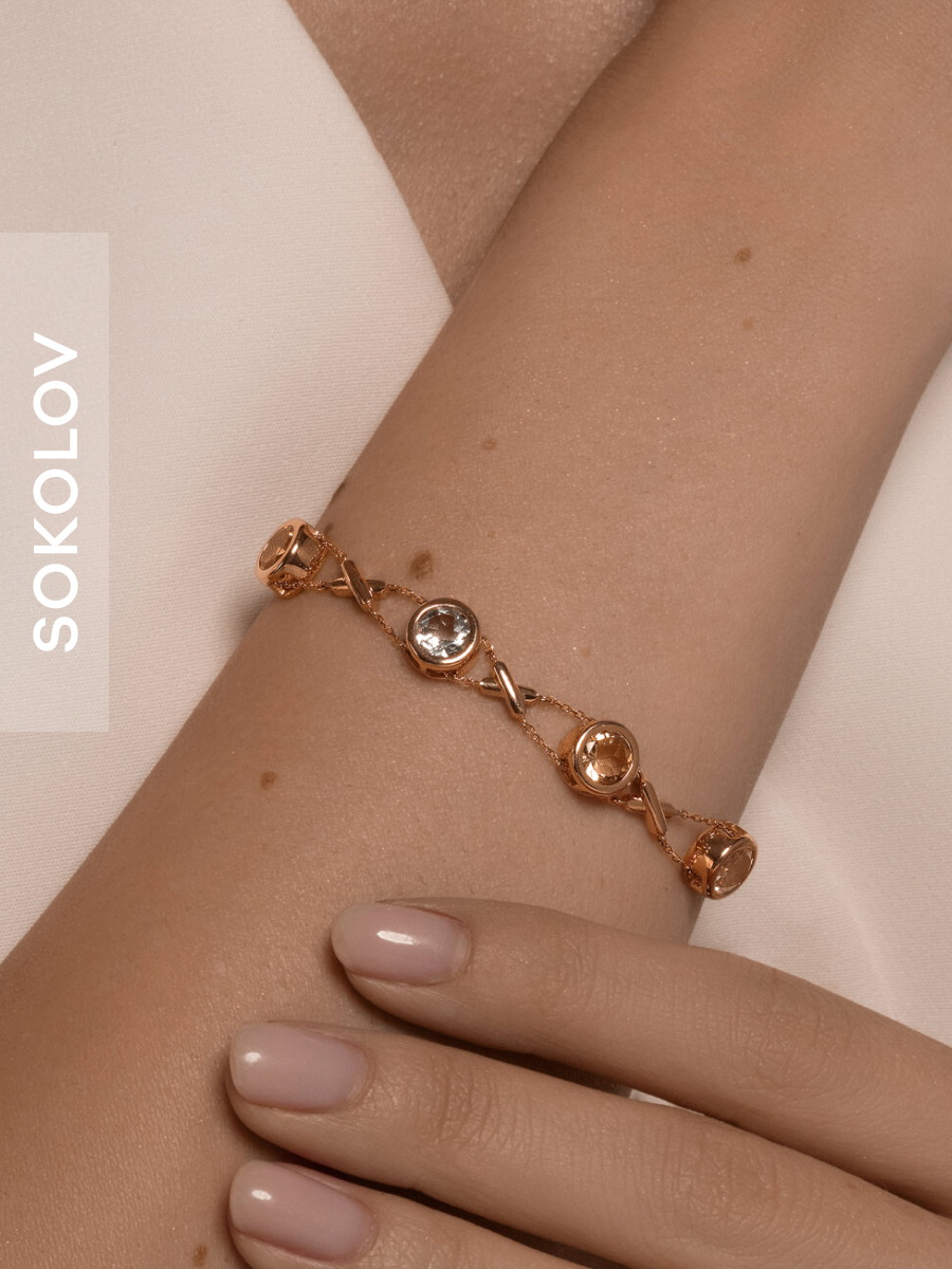 Браслет, красное золото, 585 проба, горный хрусталь, празиолит