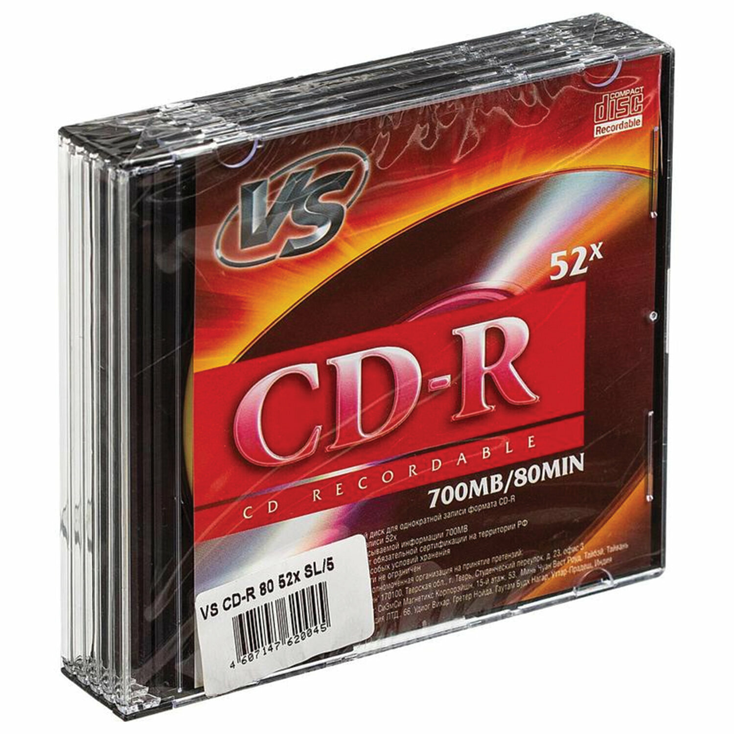 Диск CD-R VS, 700 Мб, 52x, Slim Case, комплект 5 шт, VSCDRSL501
