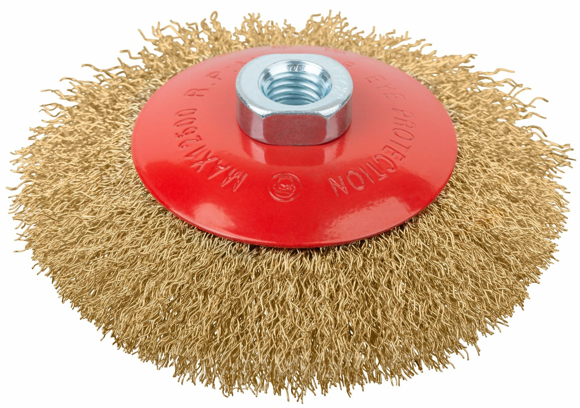 Корщетка-колесо с наклоном, гайка М14, стальная латунированная волнистая проволока 125 мм 39052