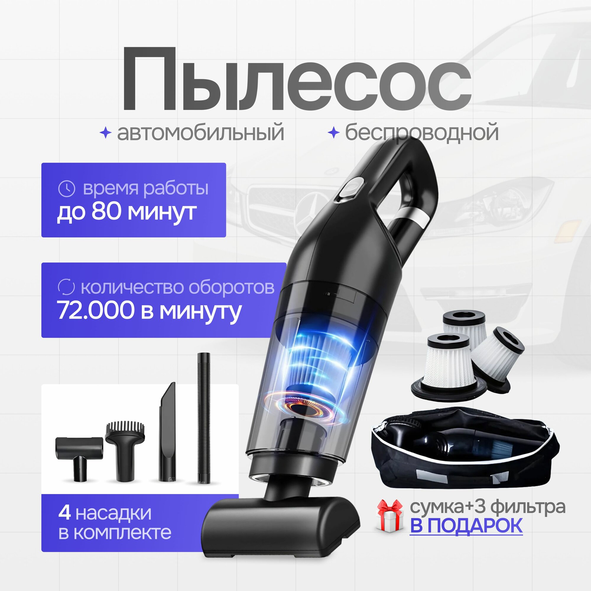 Пылесос для автомобиля беспроводной мощный / Ручной автомобильный пылесос