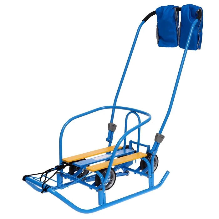 Санки Ветерок 7 с выдвижными колесами и скл. ручкой толкателем, Цвет голубой