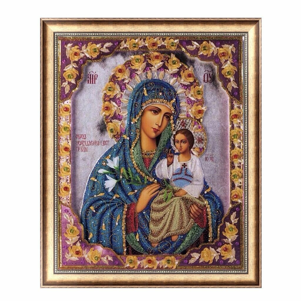 Алмазная мозаика без подрамника "Икона Богородицы Неувядаемый цвет" X648, размер полотна 30*40, размер выкладки 25*35, полная выкладка, круглые блестящие стразы
